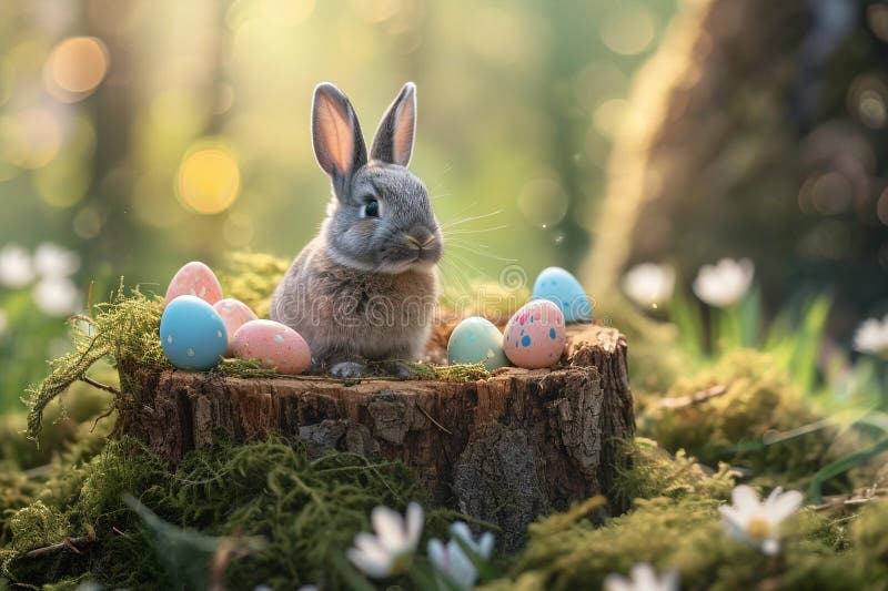 Cute Baby Easter Rabbit Sitting on Stump in Spring Forest among Pastel ...