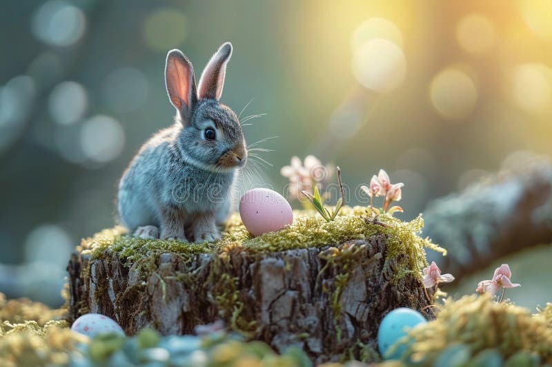 Cute Baby Easter Rabbit Sitting on Stump in Spring Forest among Pastel ...