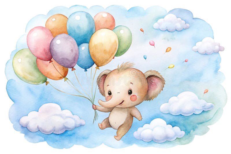 Cute Baby Elephant Flying with Colorful Balloons in a Sky with Clouds ...