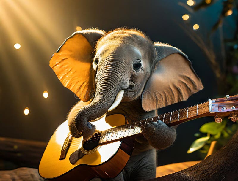 Cute Baby Elephant Playing Guitar in a Moonlight Forest Stock ...