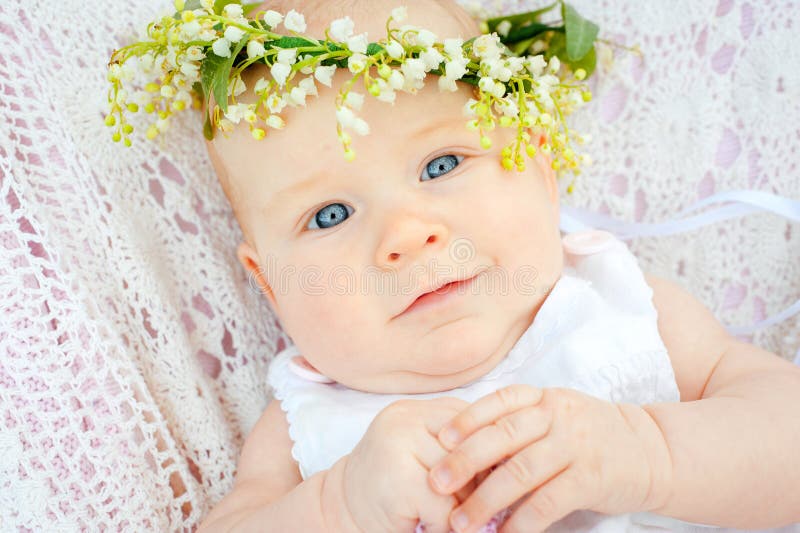 Cute Baby and Flower Lily of the Valley Stock Photo - Image of newborn ...