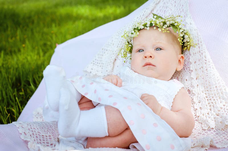 Cute Baby and Flower Lily of the Valley Stock Image - Image of eyes ...