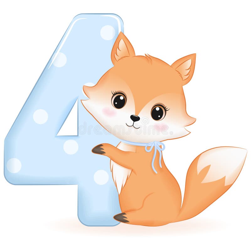 Cute Baby Fox with Number 4, Cartoon Illustration Stock Vector ...