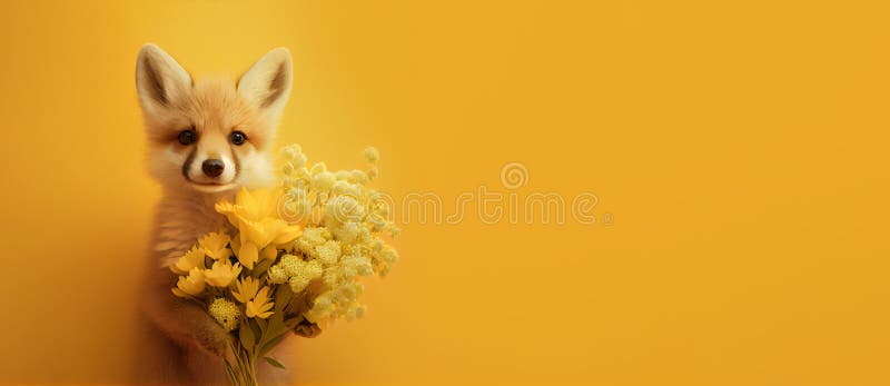 Cute Baby Fox with Spring Flowers, Panoramic Layout. Stock Illustration ...