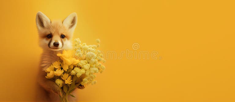 Cute Baby Fox with Spring Flowers, Panoramic Layout. Stock Illustration ...