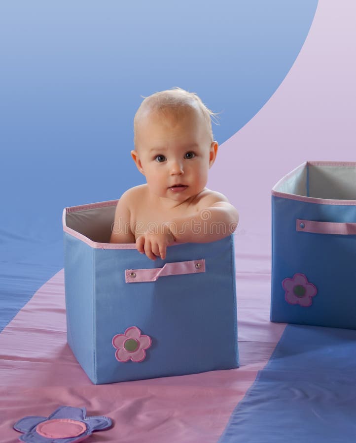 Cute Baby Girl in Blue Box (Path Included) Stock Photo - Image of ...