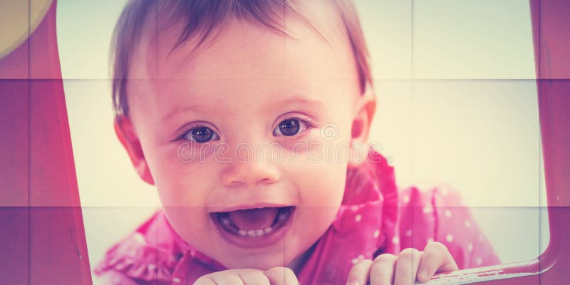 Cute Baby Girl Having Fun on a Playground, Geometric Pattern Stock ...
