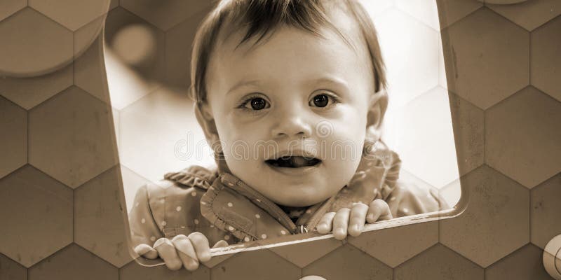 Cute Baby Girl Having Fun on a Playground, Geometric Pattern Stock ...