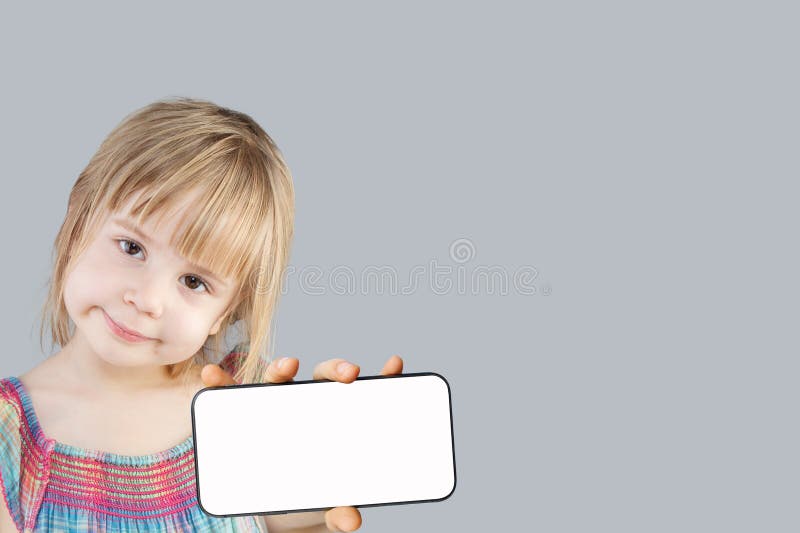 Cute Baby Girl Showing Smartphone with Blank Empty White Screen Display ...