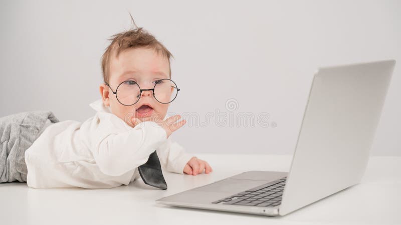 Cute Baby in Glasses and Suit Working on Laptop. Stock Image - Image of ...