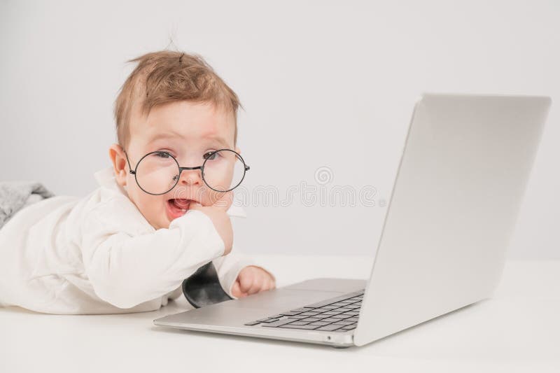 Cute Baby in Glasses and Suit Working on Laptop. Stock Photo - Image of ...