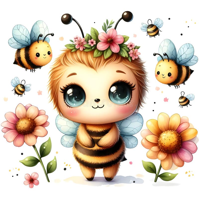 Cute Baby Honey Bee with Flower Stock Illustration - Illustration of ...
