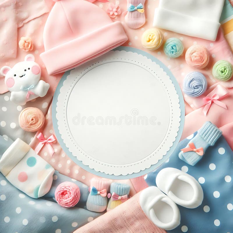 Cute Baby Items, Socks, Hat, and Shoes with a Blank Circle for Text ...