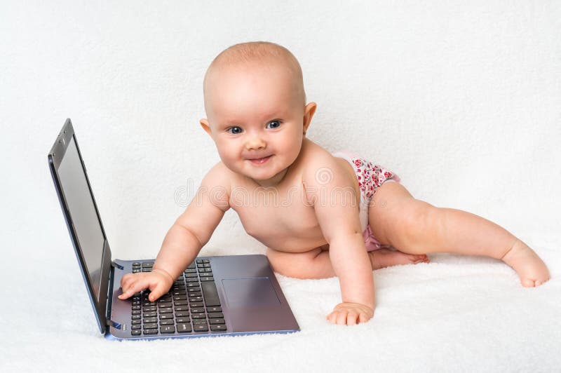 Cute Baby Typing on a Laptop Computer Isolated on White Stock Image ...