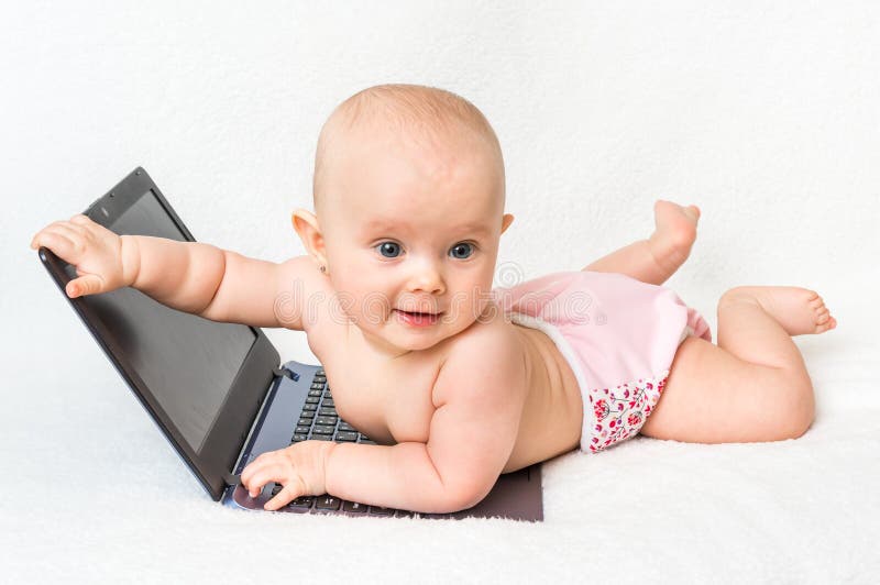 Cute Baby with Laptop Computer Stock Image - Image of diaper, laptop ...