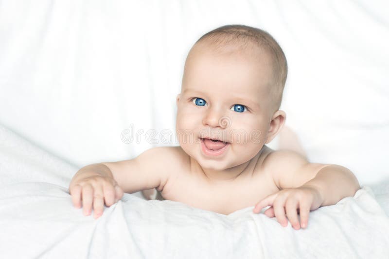 Cute Happy Baby Smiling Looking Above on White Stock Image - Image of ...