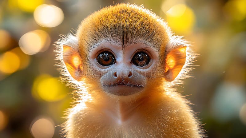 Cute Baby Monkey with Bright Eyes in a Forest Setting Under Soft Warm ...