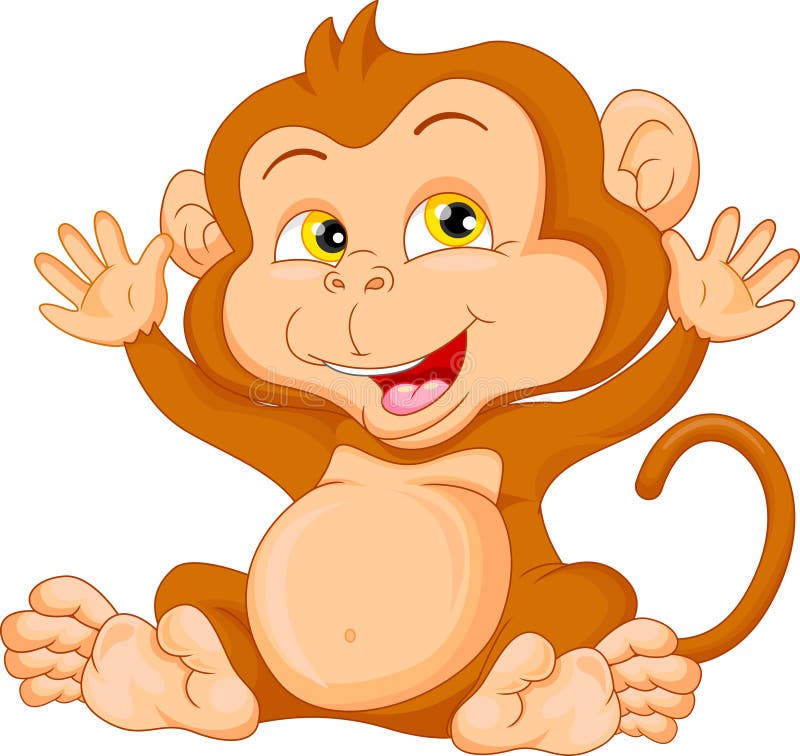 Cute Baby Monkey Cartoon Waving Stock Vector - Illustration of happy ...