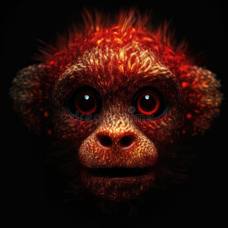 Cute Baby Monkey Face Shape in Red Fire on Black Background. Generative ...