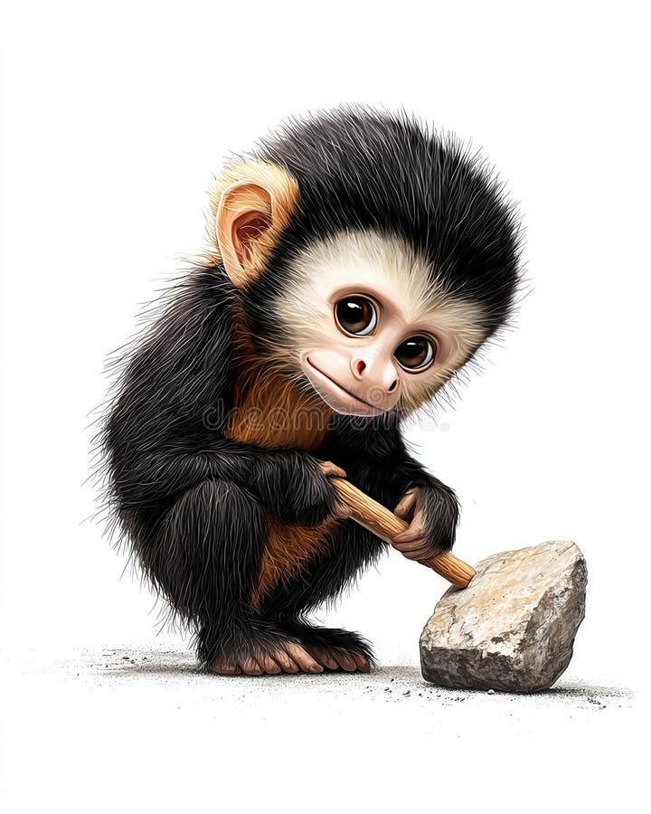 A Cute Baby Monkey Playfully Using a Small Hammer on a Rock Showcasing ...