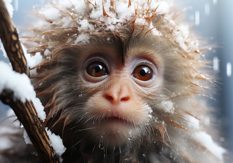 Cute Baby Monkey in Winter Landscape with Falling Snow. AI Generated ...