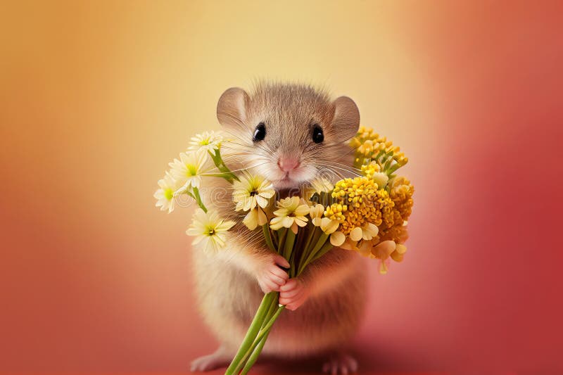 Cute Baby Mouse Holding a Bouquet of Spring Flowers. Stock Illustration ...