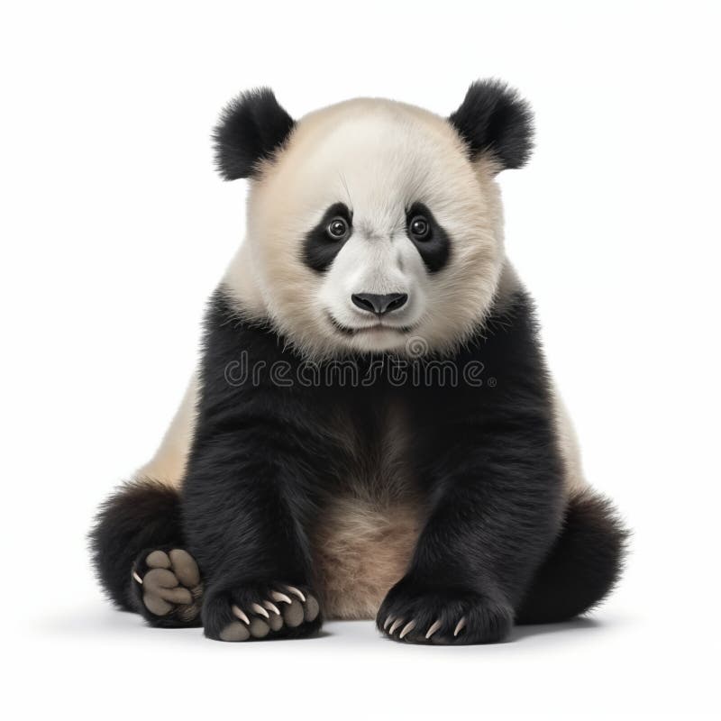 Cute Baby Panda Sitting Down and Looking Forward Isolated on a White ...