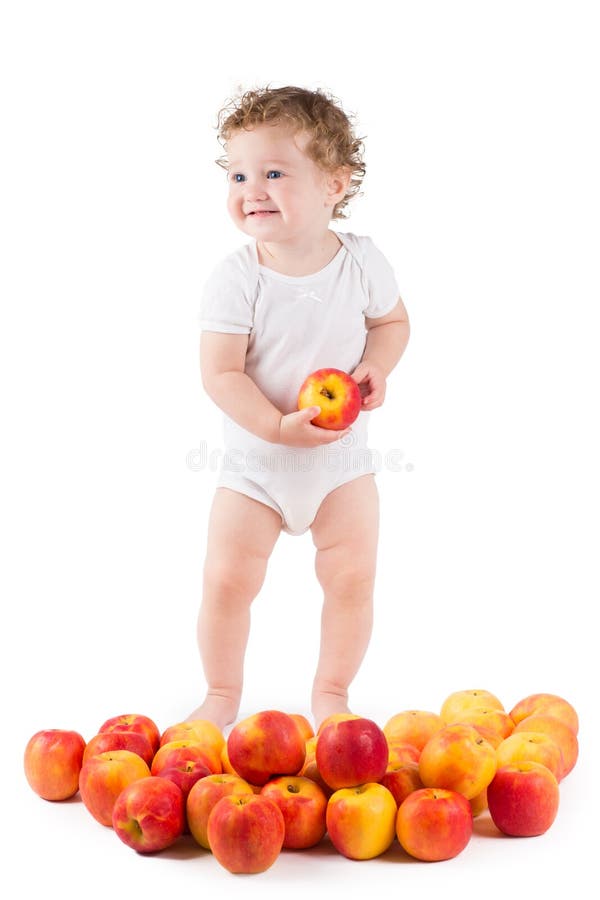 Cute Baby Playing with Red Apples, Standing Stock Image - Image of ...