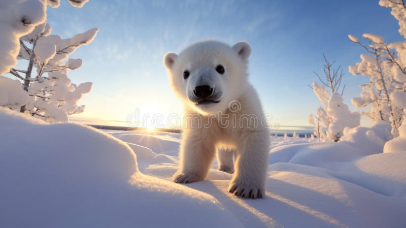 A Cute Baby Polar Bear in Snow Winter Stock Illustration - Illustration ...
