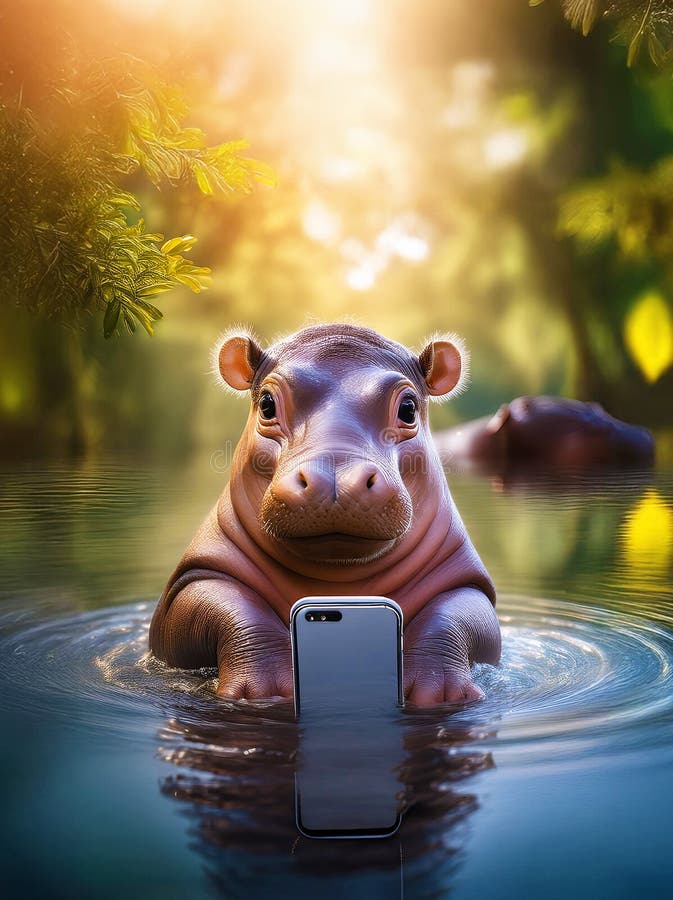 Cute Baby Pygmy Hippo Checking on Smartphone in the Lake Stock ...