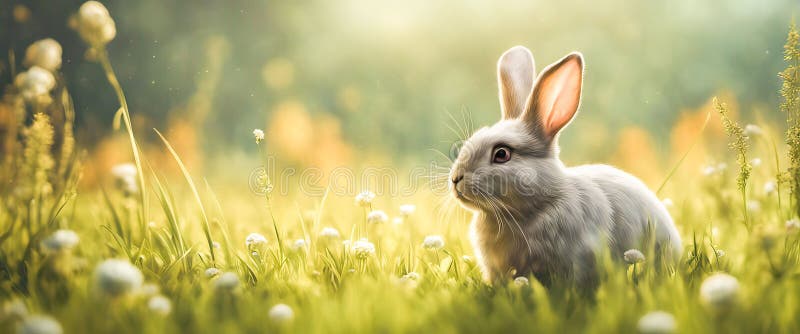 Cute Baby Rabbit on a Green Lawn Sunshine Stock Image - Image of ...