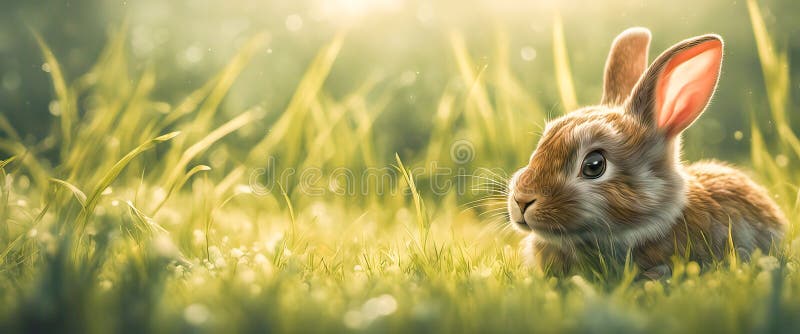 Cute Baby Rabbit on a Green Lawn Sunshine Stock Illustration ...
