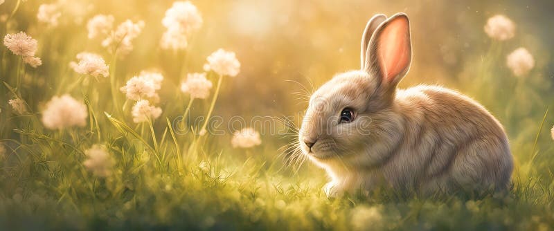 Cute Baby Rabbit on a Green Lawn Sunshine Stock Illustration ...