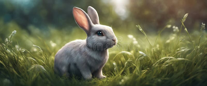 Cute Baby Rabbit on a Green Lawn Sunshine Stock Illustration ...