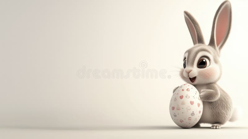 Cute Baby Rabbit with a Painted Egg, Isolated on a Soft Beige Backdrop ...
