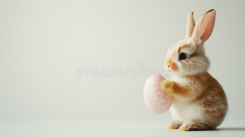 Cute Baby Rabbit with a Painted Egg, Isolated on a Soft Beige Backdrop ...