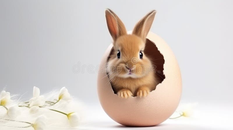 Cute Baby Rabbit Peeking Out of a Cracked Easter Egg on a White ...