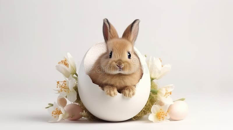 Cute Baby Rabbit Peeking Out of a Cracked Easter Egg on a White ...