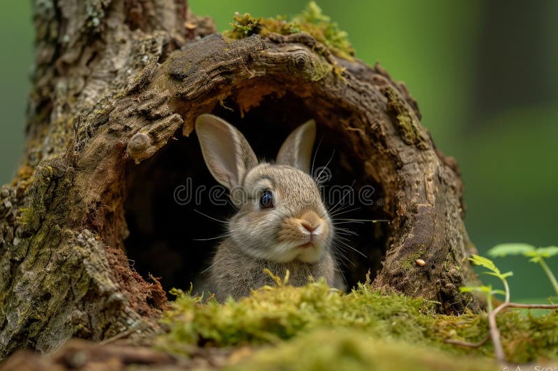 Cute Baby Rabbit Peeping from Stump in Spring Forest Stock Illustration ...
