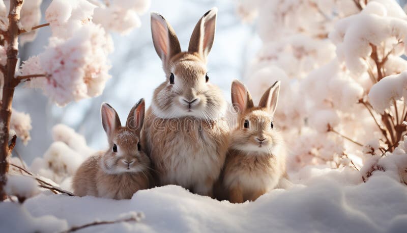 Cute Baby Rabbit Sitting in the Snow, Enjoying the Sunlight Generated ...