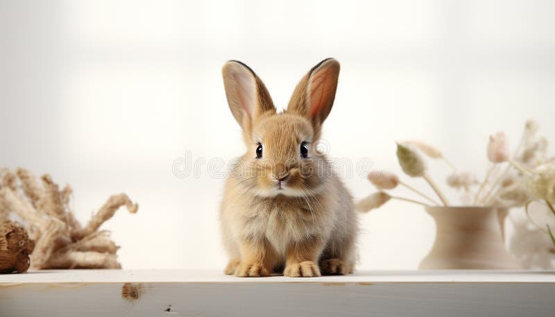 Cute Baby Rabbit Sitting on Wood, Looking at Camera Outdoors Generated ...