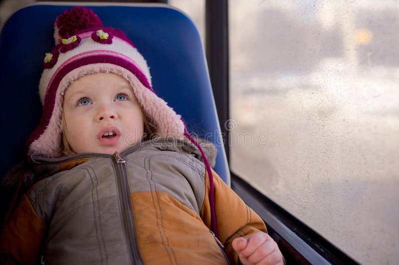 Cute Baby Riding Bus Look Upside Stock Image - Image of caucasian ...
