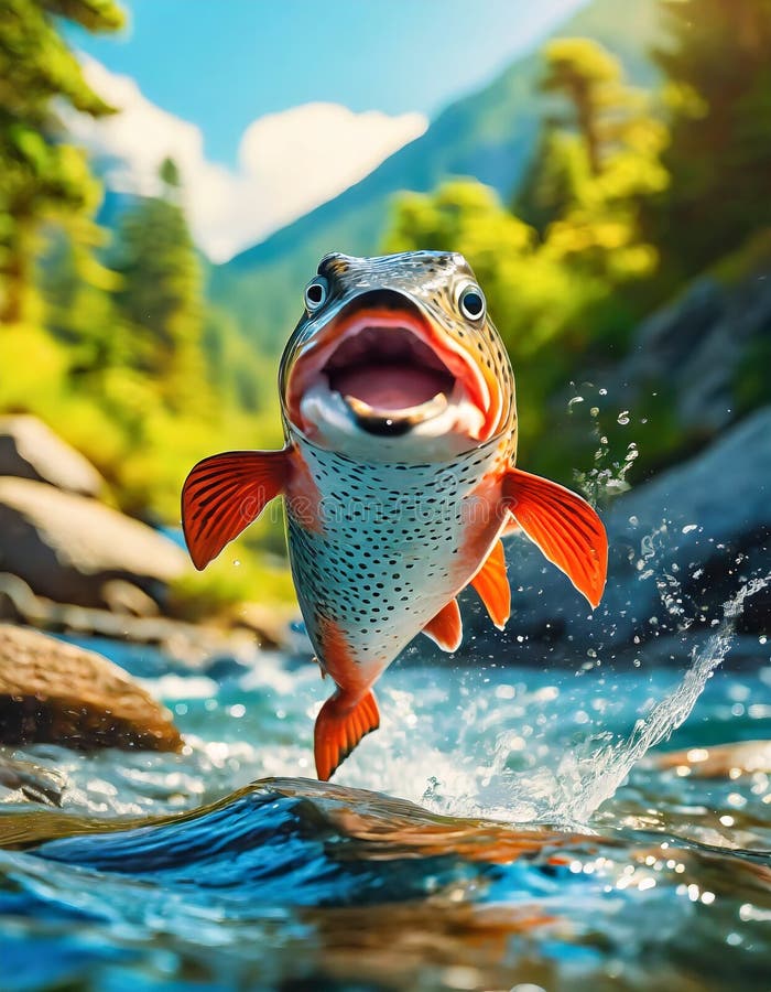 Cute Baby Salmon Jumping and Smiling through a Wild River Stock ...