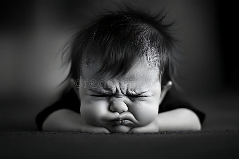 Cute Baby with Scrunched Face in Dramatic Black-and-White Photography ...