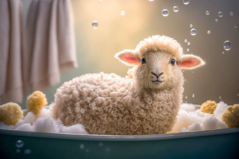 Cute Baby Sheep in the Bathtub with Soapy Foam. Generative AI Stock ...