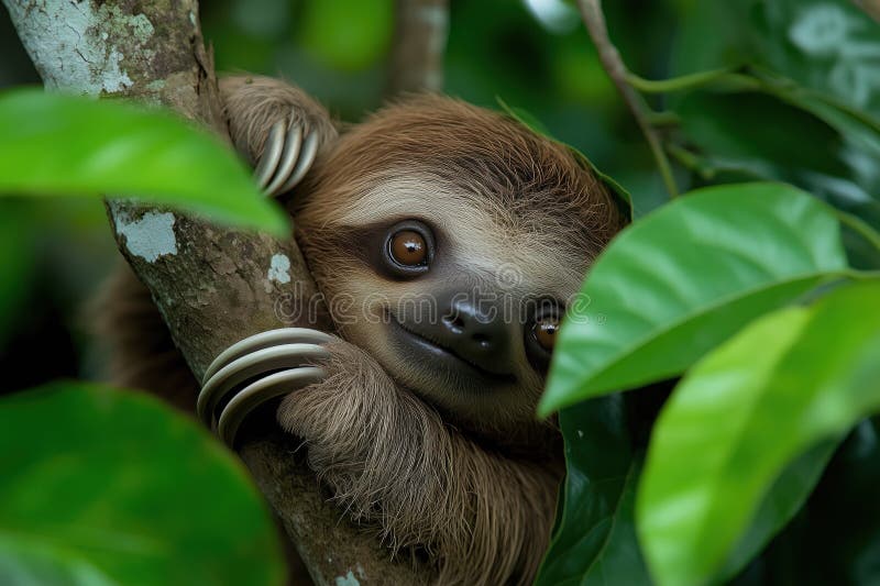 Cute Baby Sloth Climbing on a Tree in the Rainforest Stock Illustration ...