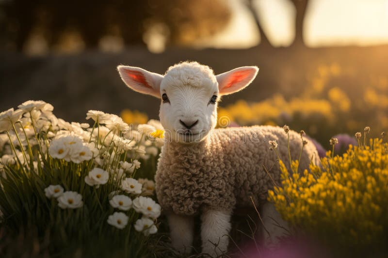 A Cute Baby Spring Lamb in a Field of Spring Flowers. Generative Ai ...