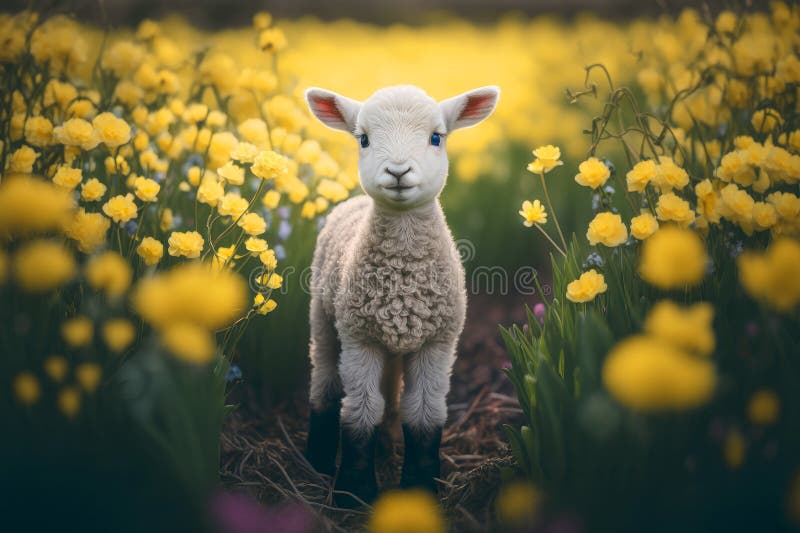 A Cute Baby Spring Lamb in a Field of Spring Flowers. Generative Ai ...