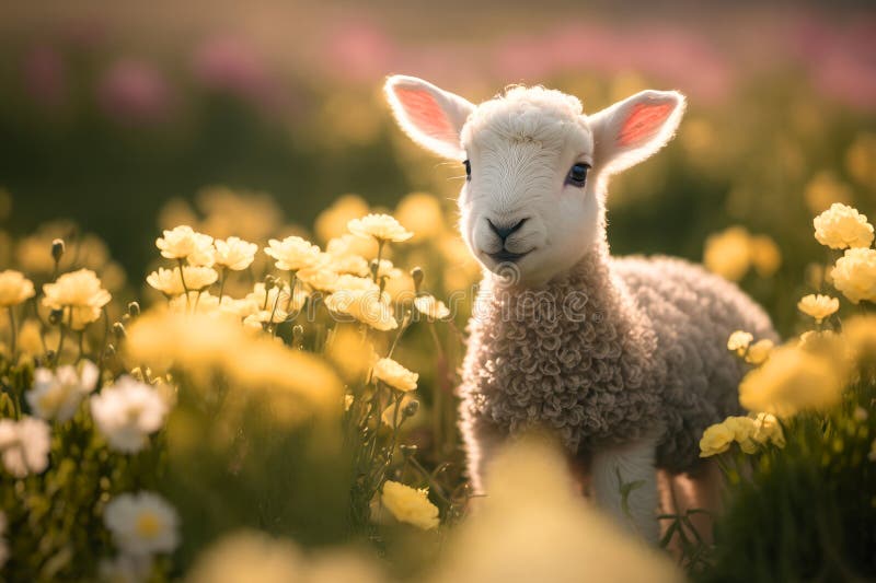 A Cute Baby Spring Lamb in a Field of Spring Flowers. Generative Ai ...