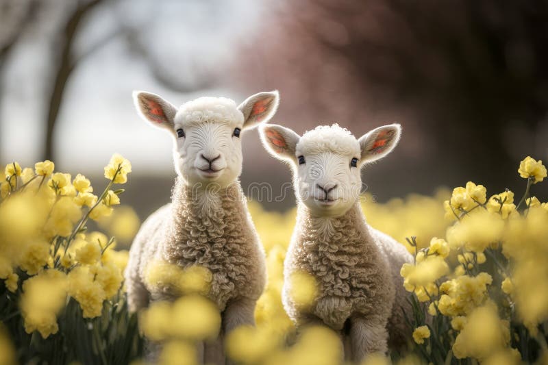 A Cute Baby Spring Lamb in a Field of Spring Flowers. Generative Ai ...